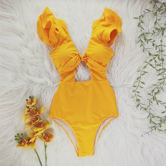 Print Swimwear Deep V Neck Ruffle Swimsuit Push Up One Piece