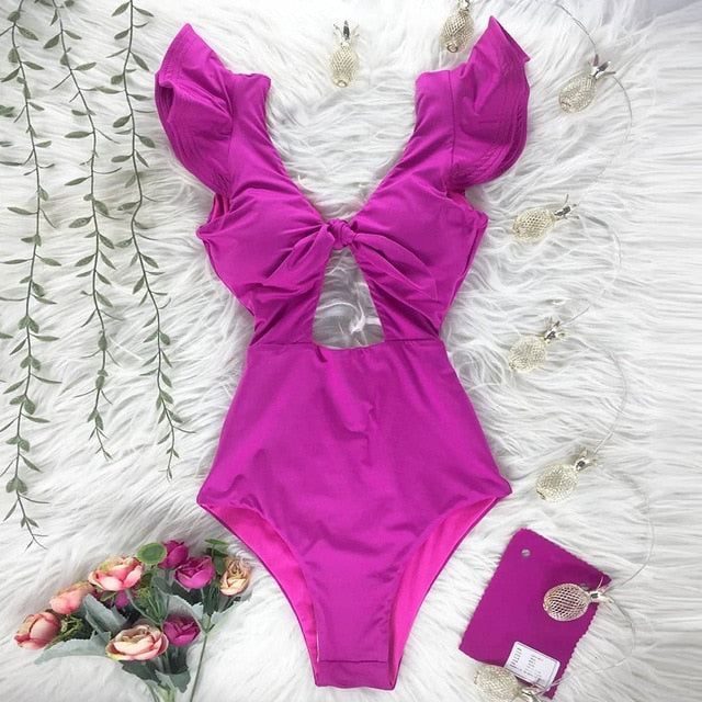 Print Swimwear Deep V Neck Ruffle Swimsuit Push Up One Piece